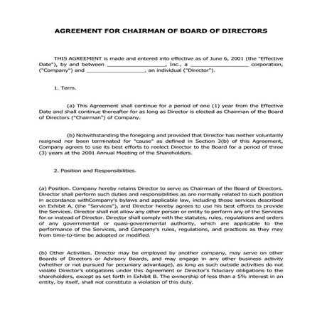 AGREEMENT FOR CHAIRMAN OF BOARD OF DIRECTORS FORMAT | PDF