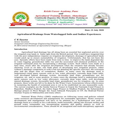 Agricultural drainage from waterlogged soils and indian experiences | PDF