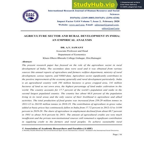 AGRICULTURE SECTOR AND RURAL DEVELOPMENT IN INDIA AN EMPIRICAL ANALYSIS ...