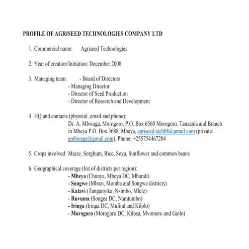 Agriseed technologies Company LTD - Profil and work-plan 2020 2021 | PDF