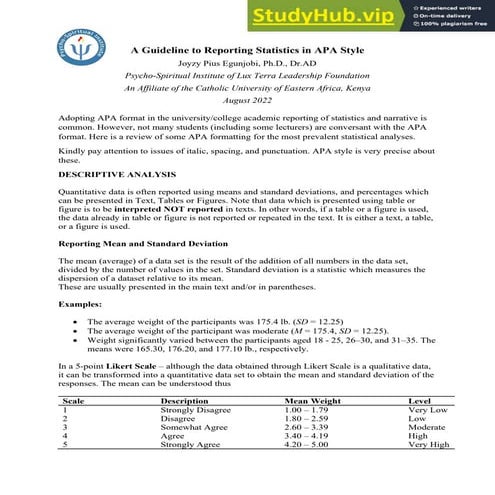 A Guideline To Reporting Statistics In APA Style | PDF