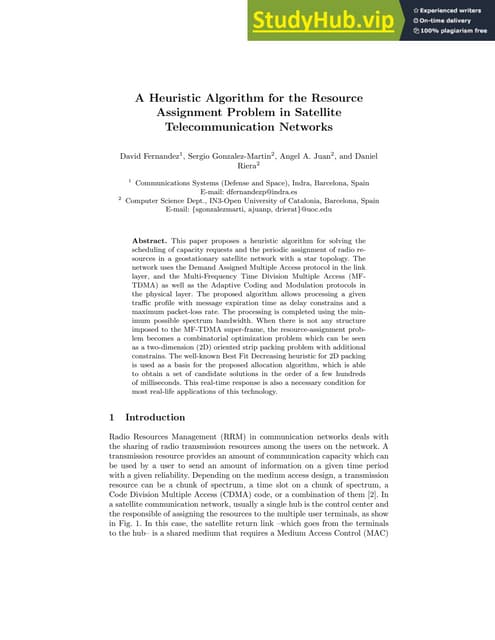 A Heuristic Algorithm For The Resource Assignment Problem In Satellite Telecommunication