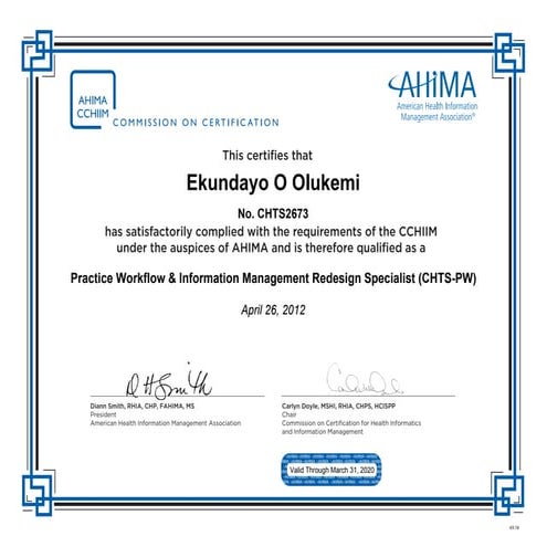 Ekundayo Olukemi AHIMA CCHIM Certificate | PDF