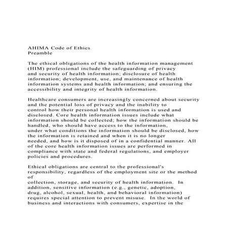 AHIMA Code of Ethics Preamble The ethical obligations .docx