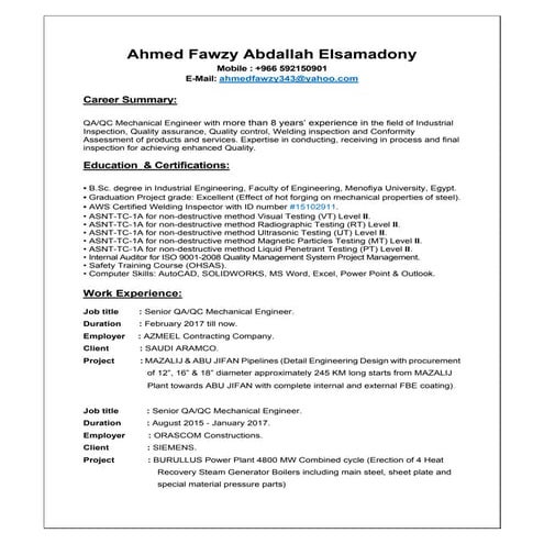 Ahmed fawzy qa-qc mechanical engineer | PDF