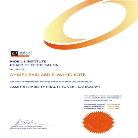 Certified Asset Reliability Practitioner CAT-I - Certificate -Ahmed ...