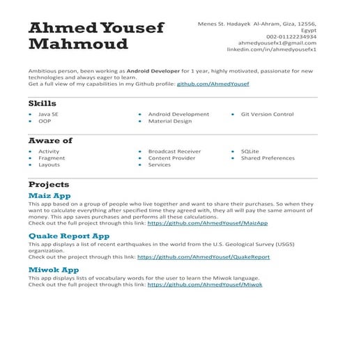 Ahmed yousef's cv junior android developer | PDF