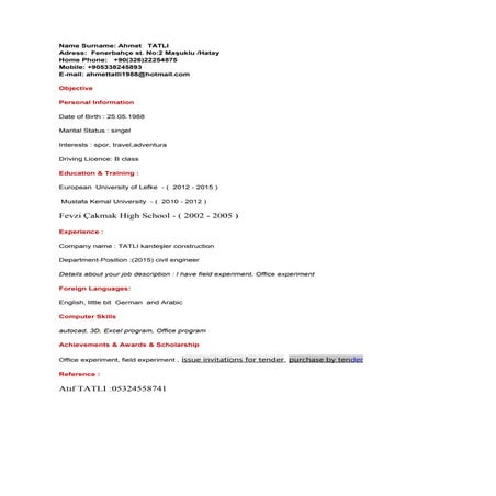 Ahmet cv örneği | DOC