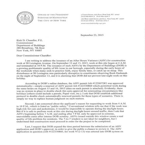 Letters to Department of Buildings regarding After-Hours Variance ...