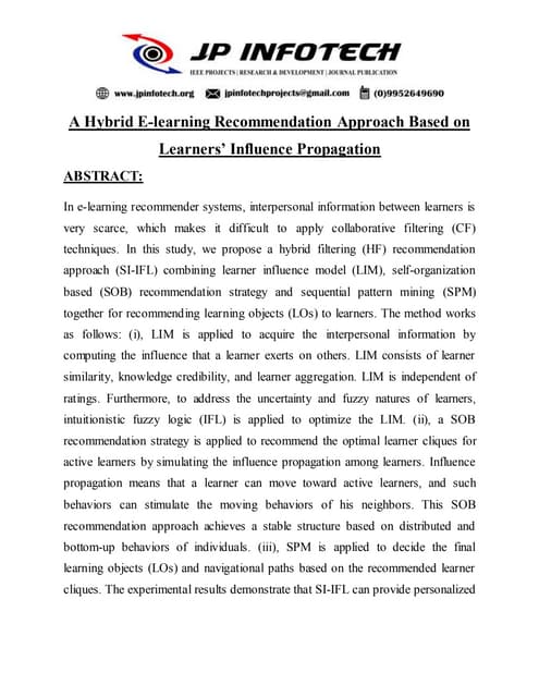 A Hybrid E Learning Recommendation Approach Based On Learners