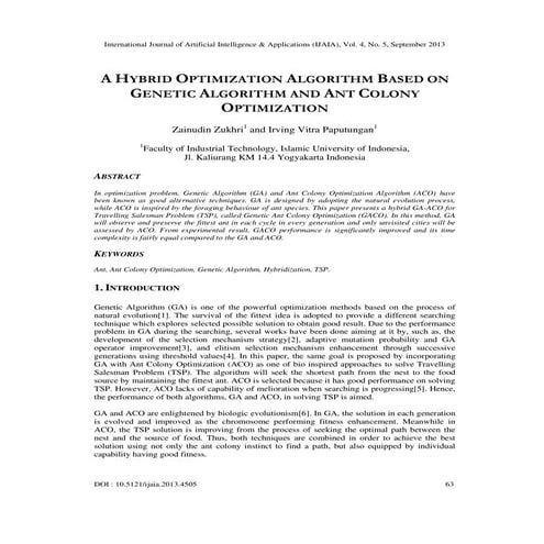 A Hybrid Optimization Algorithm Based On Genetic Algorithm And Ant Colony Optimization Pdf
