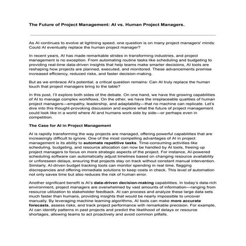 The Future Of Project Management Ai Vs Human Project Managers Pdf