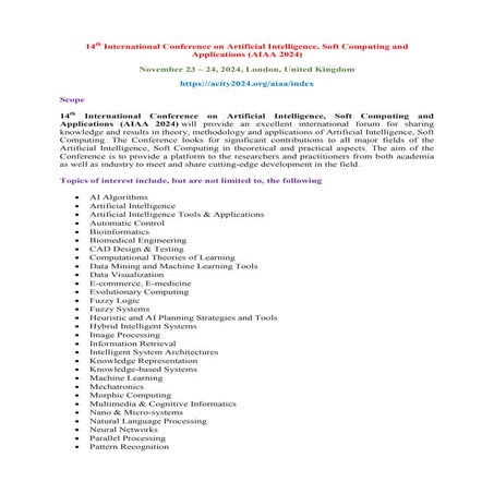 14th International Conference on Artificial Intelligence, Soft Computing and Applications (AIAA ...