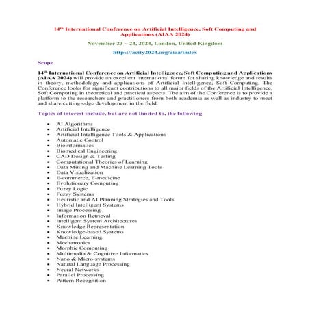 14th International Conference on Artificial Intelligence, Soft Computing and Applications (AIAA ...