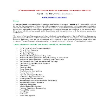 4 th International Conference on Artificial Intelligence Advances (AIAD ...