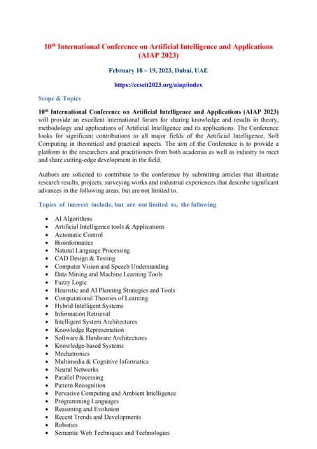 CFP - 12th International Conference on Artificial Intelligence and Applications (AIAP 2025) | PDF