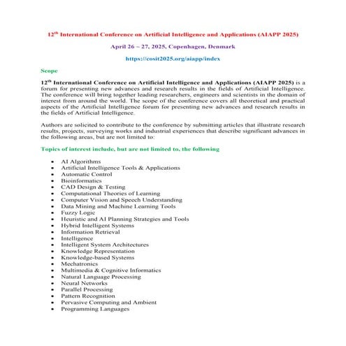 CFP - 12th International Conference on Artificial Intelligence and Applications (AIAPP 2025) | PDF