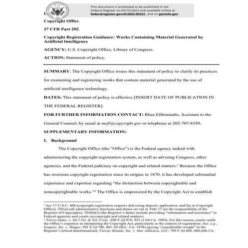 AI copyright notice by USA Copyright Office (March 10, 2023) | PDF ...