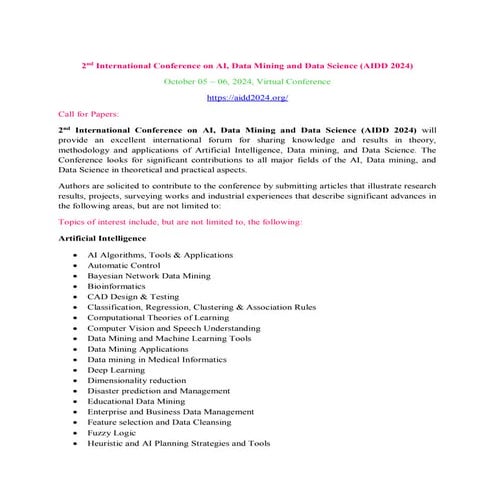 2nd International Conference on AI, Data Mining and Data Science (AIDD 2024) | PDF