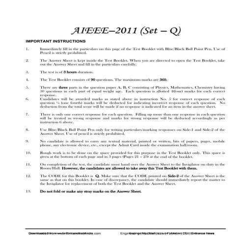 Aieee 2011 Solved Paper by Prabhat Gaurav | PDF