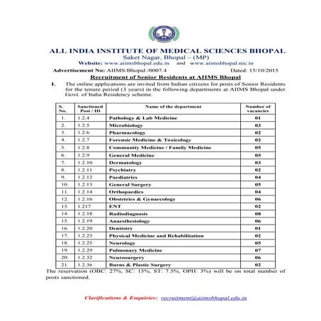Aiims bhopal-senior-resident-notification | PDF | Postgraduate Education | College Education