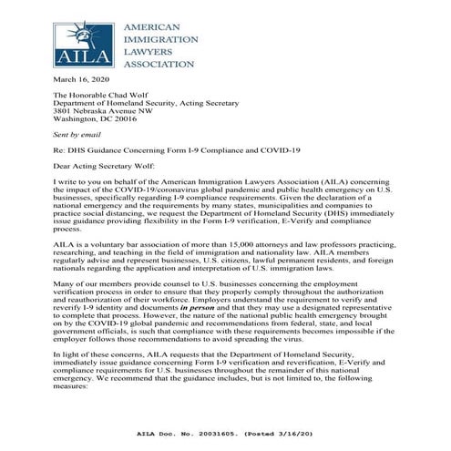 Aila Letter to DHS re I-9s and coronavirus | PDF