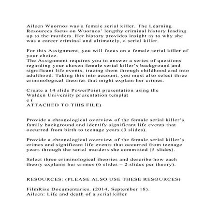 Aileen Wuornos was a female serial killer. The Learning Resources fo.docx