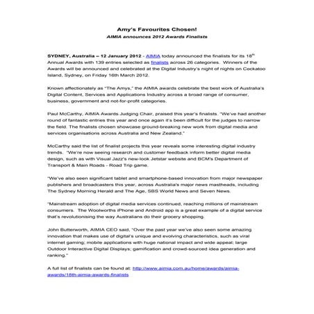 Aimia awards 2012 announcement and finalists | PDF