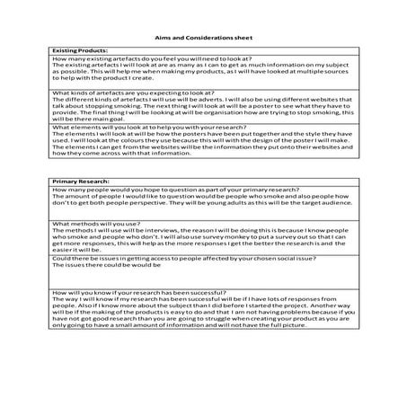 Aims and considerations sheet