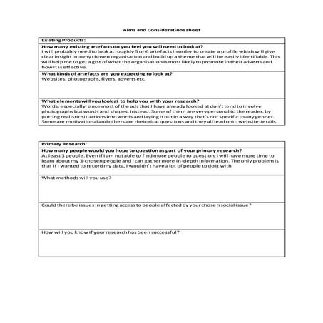 Task 2 aims and considerations sheet