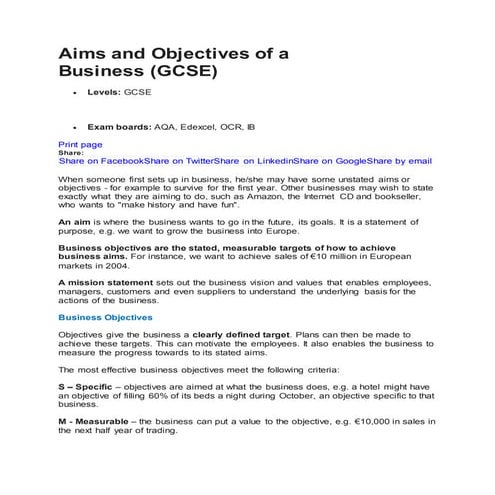 Aims and objectives of a business | DOCX | Business | Business and Finance
