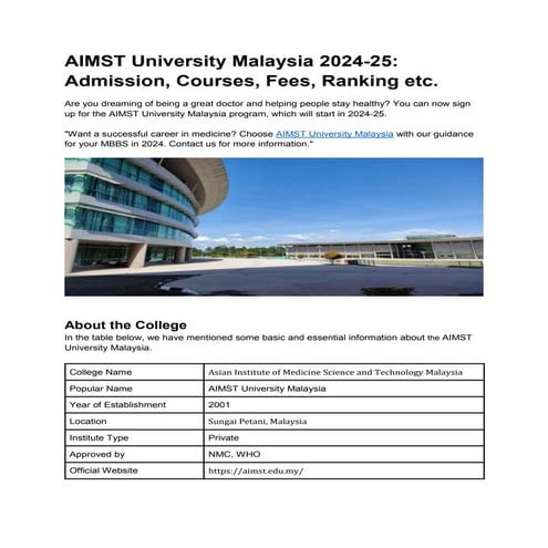 AIMST University Malaysia 2024-25: Admission, Fee Structure, Courses ...