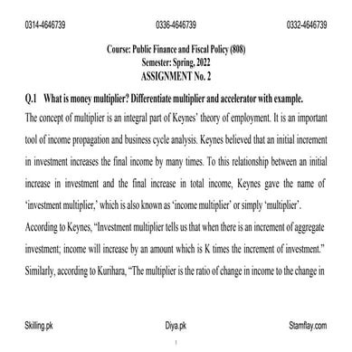 AIOU Code 808 Public Finance and Fiscal Policy Semester Spring 2022 ...