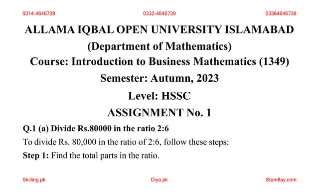 Aiou Solved Assignment Code 1349 Introduction To Business Mathematics