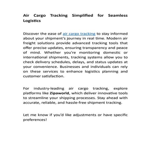 Air Cargo Tracking Simplified for Seamless Logistics | PDF