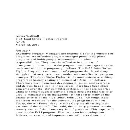 Airica WalthallF-35 Joint Strike Fighter ProgramAP.docx