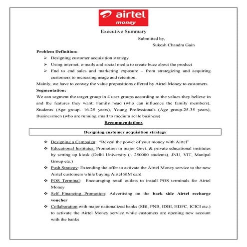 Airtel money business case executive summary @sukesh gain | PDF