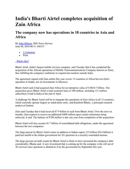 Zain's acquisition by bharti airtel | PPT