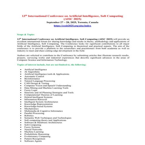 13th International Conference on Artificial Intelligence, Soft Computing (AISC 2025) | PDF