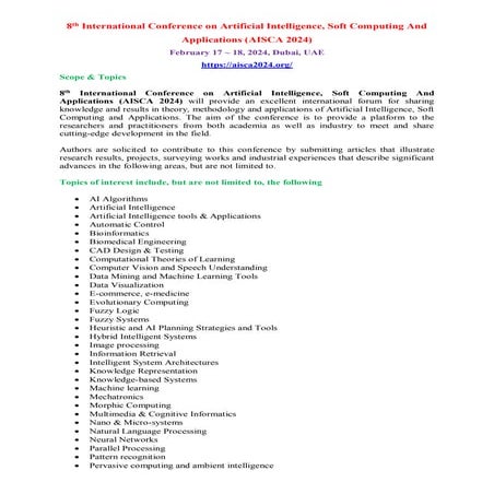 Call for Papers - 8th International Conference on Artificial Intelligence, Soft Computing And ...