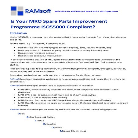 MRO Spare Parts Improvement Programme Conforms to ISO55000 | PDF