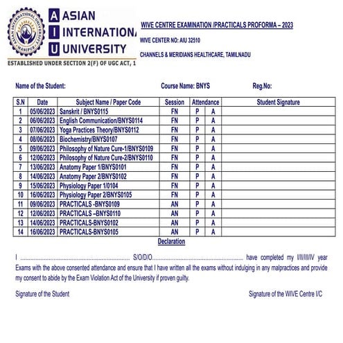 EXAMS Schedule of AIU for clarification and comparision before taking ...