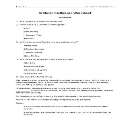 CBSE Grade 8 Computer Science Skill Module Artificial Intelligence Worksheet | PDF
