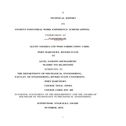 SIWES TECHNICAL REPORT SAMPLE | PDF