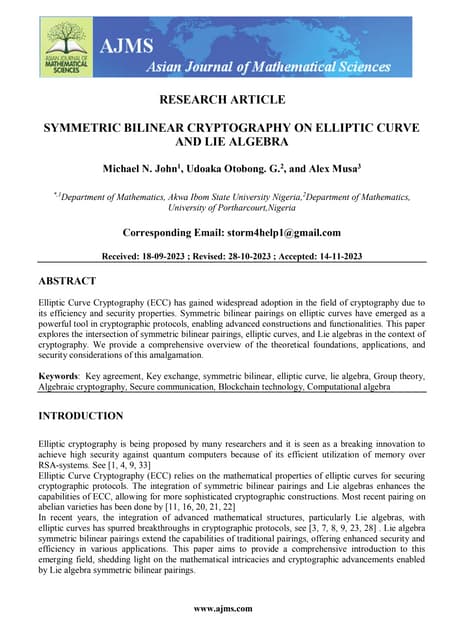 Symmetric Bilinear Cryptography On Elliptic Curve And Lie Algebra Pdf
