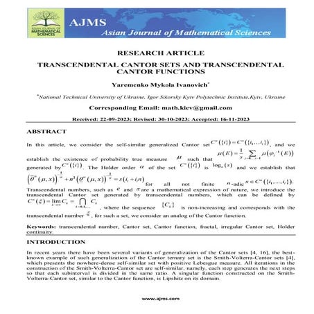 TRANSCENDENTAL CANTOR SETS AND TRANSCENDENTAL CANTOR FUNCTIONS | PDF