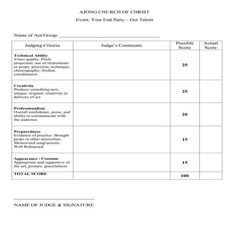 Pageant Judging Form
