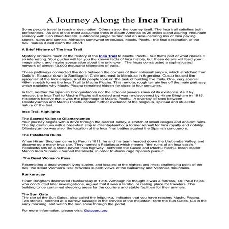 Inca Trail to Machu Picchu An Unforgettable Adventure | PDF