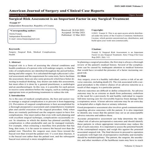 Surgical Risk Assessment is an Important Factor in any Surgical ...