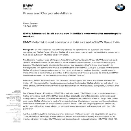 BMW Motorrad India Launch - Press Release | PDF
